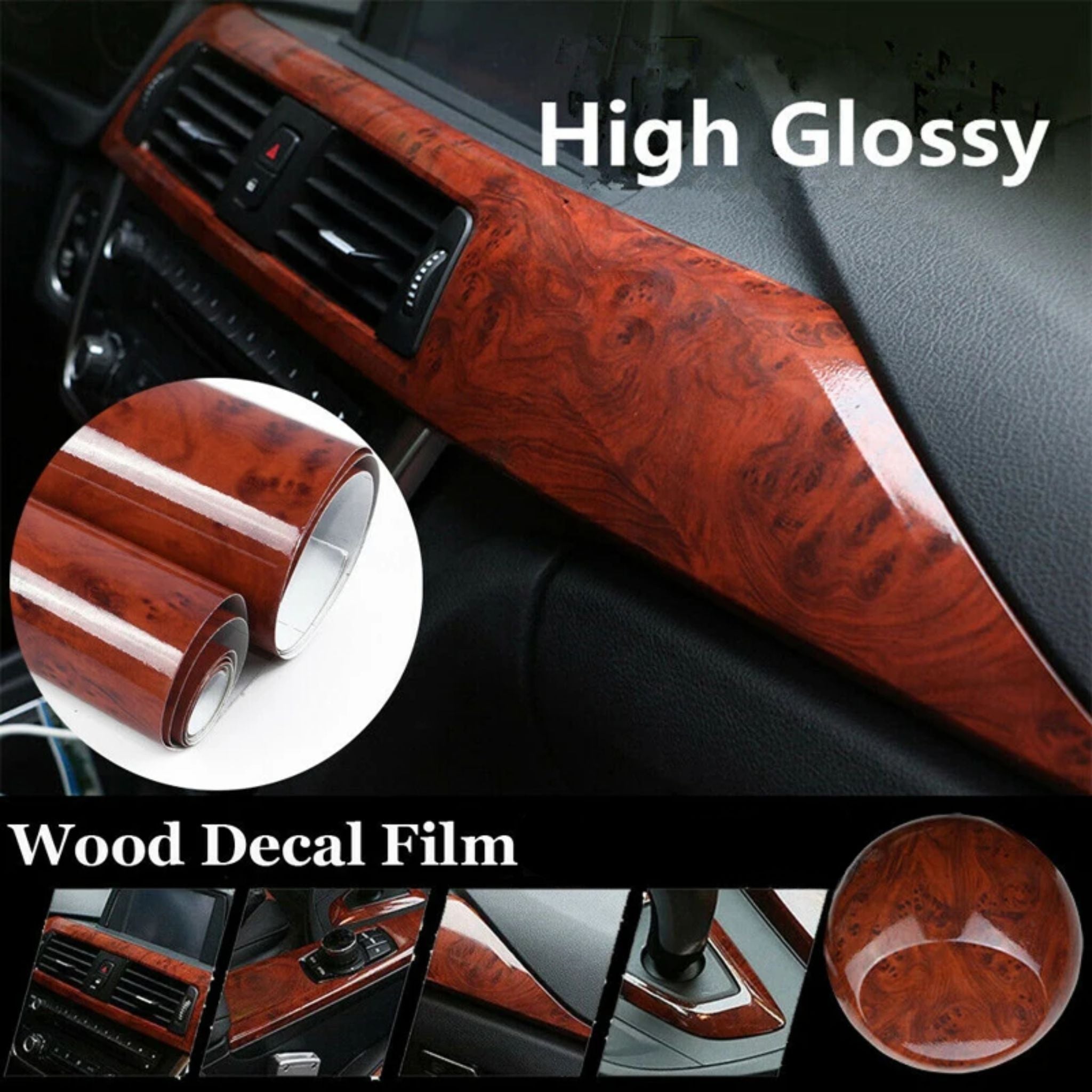 High Gloss Car Sticker Waterproof Car Interior Adhesive Wood Grain Fil ...