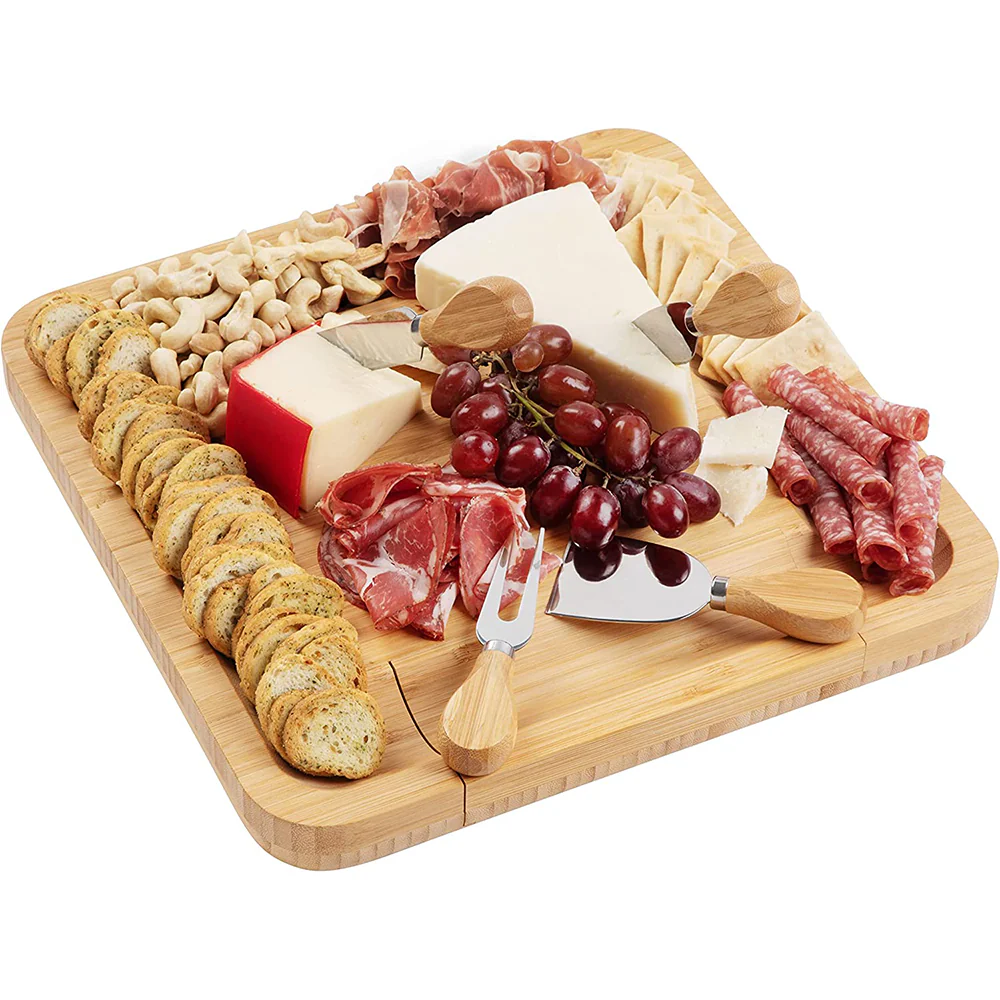Bamboo Squared Board Wooden Serving Tray with Cutlery in Slide-Out Dra ...